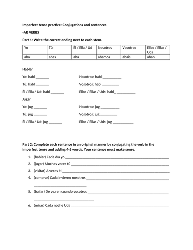 Imperfect tense conjugation and sentence practice | Teaching Resources