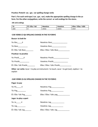 Spelling change preterit verb practice | Teaching Resources