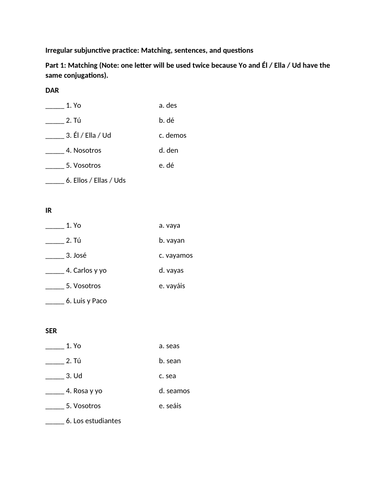 Irregular subjunctive matching sentences and questions | Teaching Resources