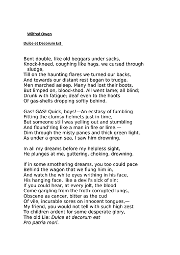 Wilfred Owen Analysis of Dulce et Decorum est War poetry English GCSE ...
