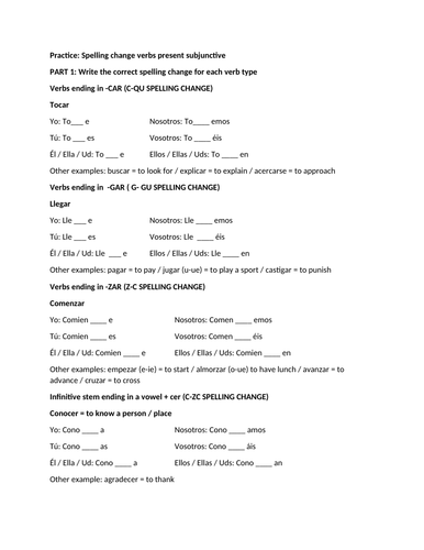 Spelling change verbs present subjunctive practice | Teaching Resources