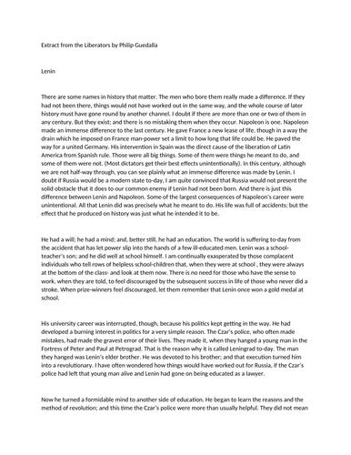 A LEVEL HISTORY - LENIN extract from The Liberators by Philip Guedella ...