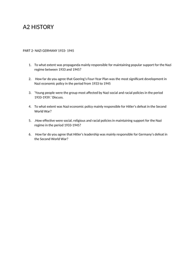 A Level History Nazi Germany WW11 mock examination questions | Teaching ...