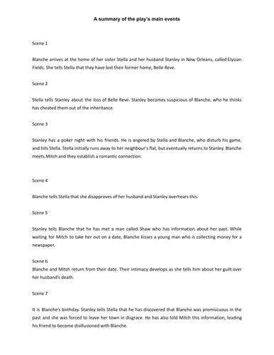 A summary of the main events in 'A Streetcar Named Desire' | Teaching ...
