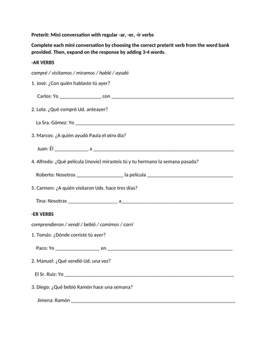 Practice regular preterit mini conversations | Teaching Resources