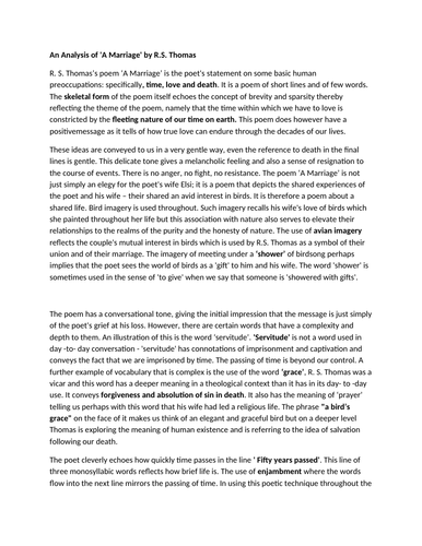 A synopsis and analysis of R.S. Thomas' poem A Marriage GCSE ENGLISH ...