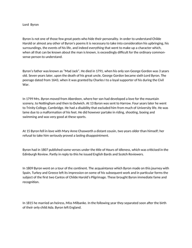 A level English Literature - Lord Byron - background reading; his life ...