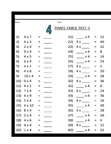 Year 3 KS2 Maths Test on Table 4 ; homework sheet or lesson plan ...