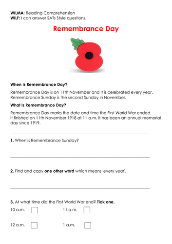 SATs Style Reading Comprehension Questions on Remembrance Day Year 1/2 ...