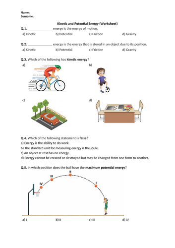 Kinetic and Potential Energy - Worksheet | Printable and Distance ...