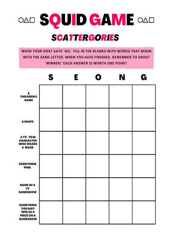 Squid Game Scattergories Game TV Show Activity / Worksheet | Teaching Resources