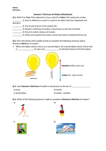 Newton's Third Law of Motion - Worksheet | Printable and Distance ...