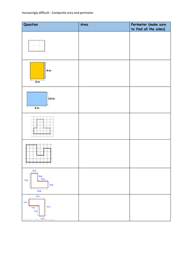 Increasingly difficult area and perimeter of compound shapes | Teaching ...