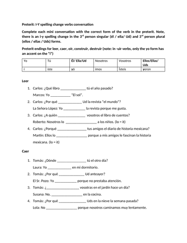Preterit i-y verbs conversation worksheet | Teaching Resources