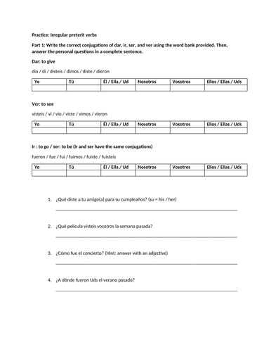 Irregular preterit all verbs practice Spanish | Teaching Resources