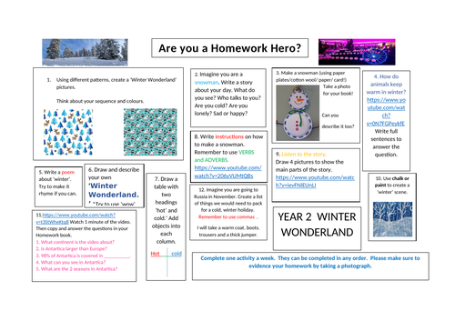 Homework grid - Homework Hero for Winter Wonderland topic | Teaching ...