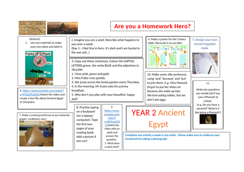 Homework Hero grid for Ancient Egypt - Maths, Art, English, Science ...