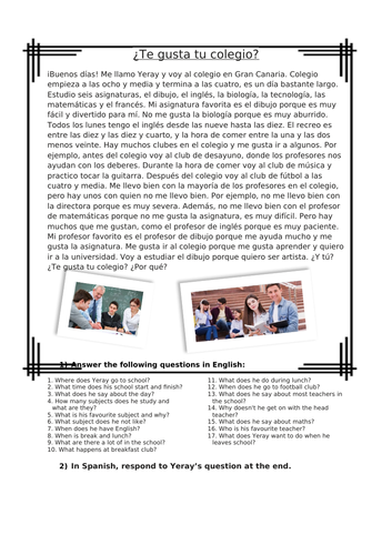 Te gusta tu colegio? Spanish School Reading Worksheet | Teaching Resources