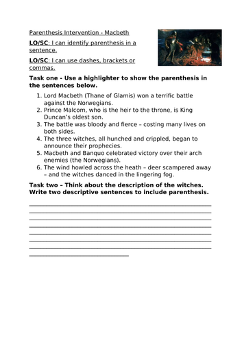 Parenthesis Worksheet - Macbeth | Teaching Resources