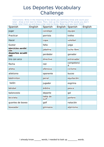 Los Deportes Vocabulary Challenge - Spanish Sports | Teaching Resources