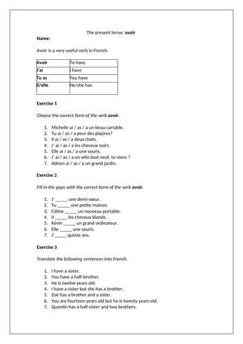 Avoir (Present Tense) | Teaching Resources