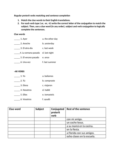 Regular preterit matching and sentence practice | Teaching Resources