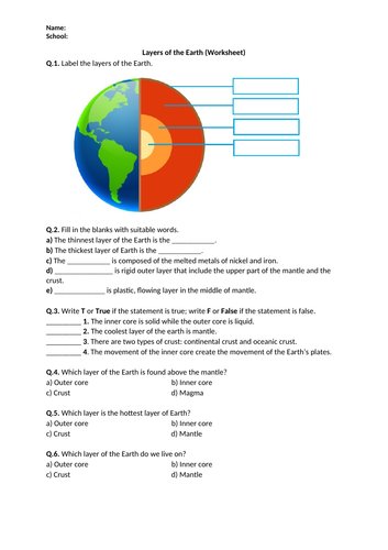 Layers of the Earth - Worksheet | Printable and Distance Learning ...