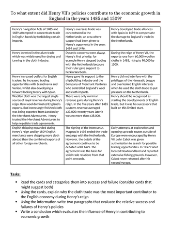 Henry VII trade and economic growth card sort | Teaching Resources