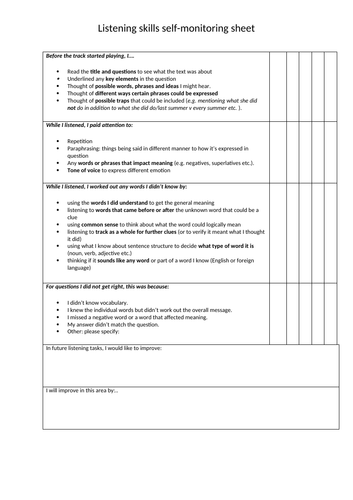 Listening Exam Self-Reflection sheet | Teaching Resources