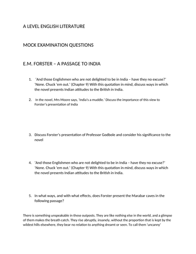 E.M. Forster A Passage to India English Literature A level mock exam ...