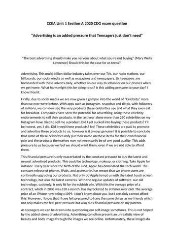 CCEA Unit 1 Section A Sample essay | Teaching Resources