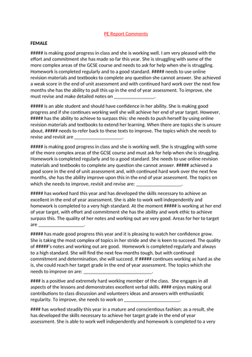 KS4 YEAR 10/11 GCSE PHYSICAL EDUCATION (P.E.) PUPIL REPORT COMMENT BANK ...