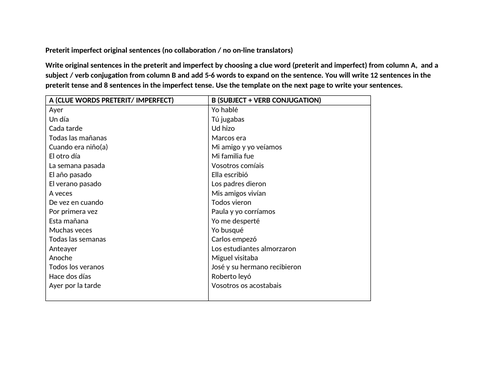 Preterit imperfect original sentences | Teaching Resources