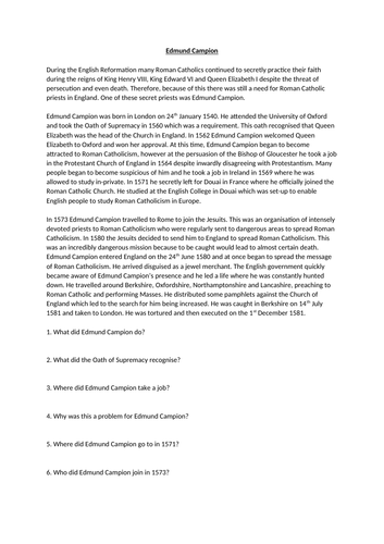 Secret priests (Edmund Campion) worksheet/homework | Teaching Resources