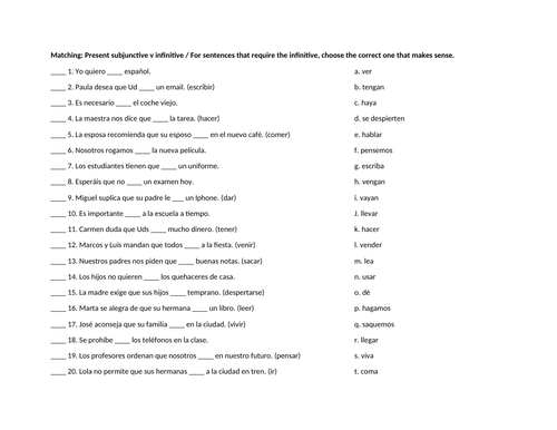 Subjunctive v Infinitive matching practice | Teaching Resources