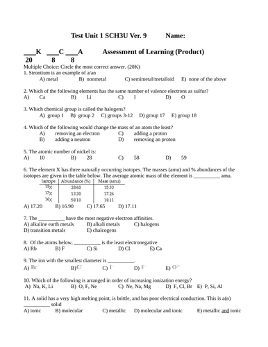Grade 11 Chemistry Test Periodic Table and Bonding Test WITH ANSWERS #9 ...