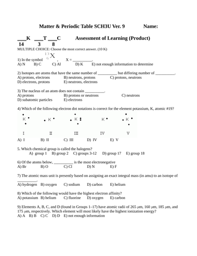 Quiz Matter and the Periodic Table Quiz Grade 11 Chemistry Quiz WITH ...