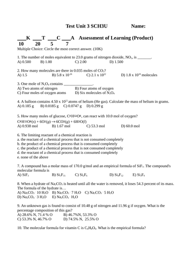 Stoichiometry and Percent Composition Test Grade 11 Chemistry Test WITH ...