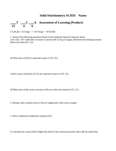 Grade 11 Chemistry Quiz Solid Stoichiometry, Limiting Reactant, Excess ...