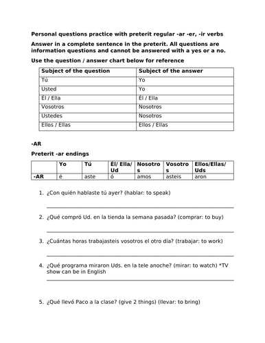 Preterit regular verbs personal questions practice | Teaching Resources