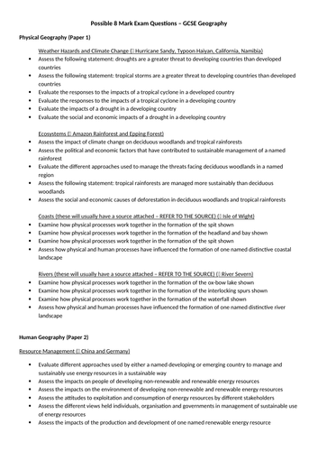 Possible 8 Mark Questions - Edexcel A GCSE Geography | Teaching Resources Possible 8 Mark Questions - Edexcel A GCSE Geography | Teaching Resources