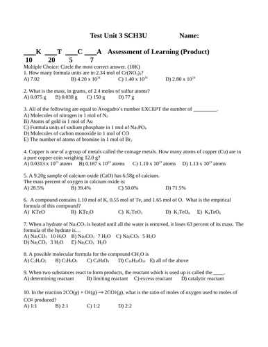 % Composition and Stoichiometry Test Package Grade 11 Chemistry Test ...