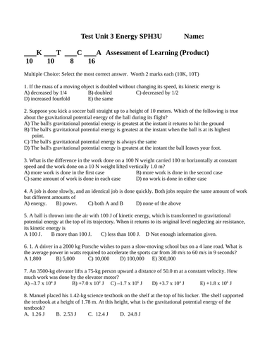 Energy Quizzes and Test Package Grade 11 Physics Test WITH ANSWERS #7 ...