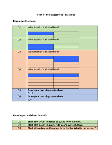 Pre-assessment Questions for Fractions - Year 3 | Teaching Resources