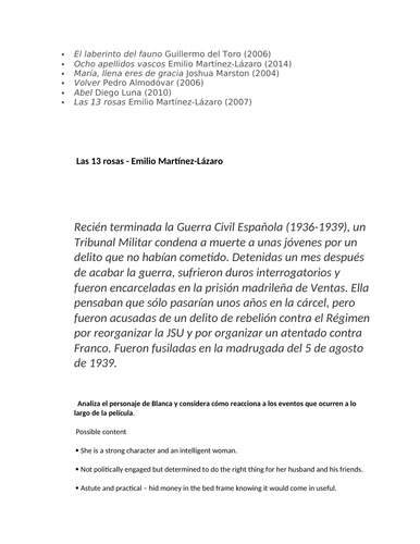 Las 13 rosas - Emilio Martínez-Lázaro SPANISH A LEVEL REVISION GUIDE ...