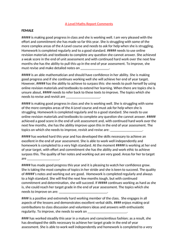 KS5 A-LEVEL MATHS REPORT COMMENTS | Teaching Resources