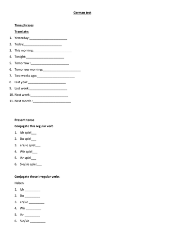 German Basics Test | Teaching Resources