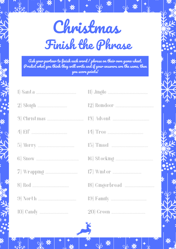 Christmas Finish That Phrase Game Sheet. Quiz. Festive Fun. | Teaching ...