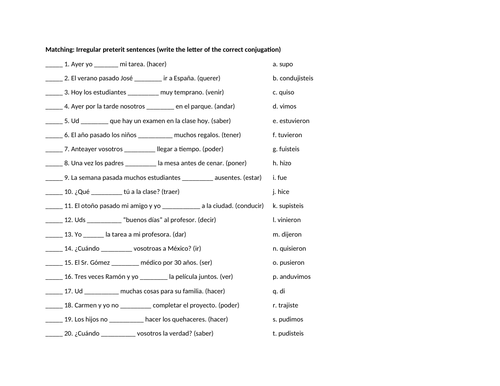 Matching irregular preterit sentences | Teaching Resources