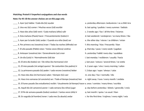 Matching preterit imperfect conjugations with clue words | Teaching ...